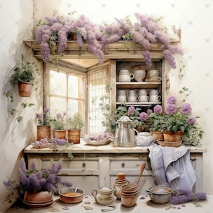 Quaint Kitchen With Purple Flowers Clipart Bundle- 10 High Quality ...