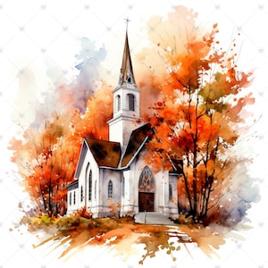 Autumn Scenery With a Church Clipart Bundle 10 High Quality Watercolor ...