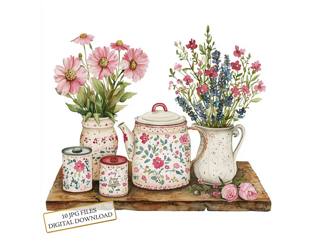 Floral Vintage Farmhouse Kitchen Clipart Bundle- 10 High Quality ...