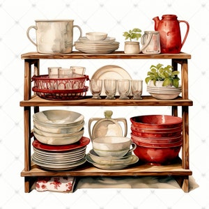 Retro Red Dish Drying Rack Clipart Bundle- 10 High Quality Watercolor ...