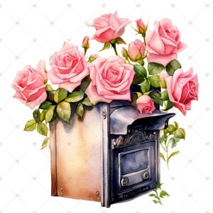 Mailbox With Pink Roses Clipart Bundle- 10 High Quality Watercolor Jpgs ...