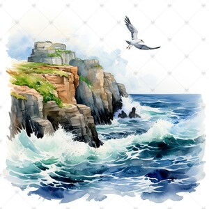 Coastal Cliff With Waves and Seagulls Clipart Bundle- 10 High Quality ...