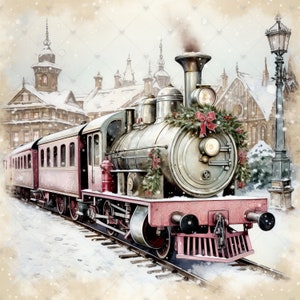 Vintage Pink Sage Christmas Train in Snowy Scenery JPG Clipart Bundle ...