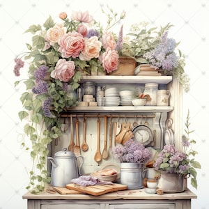 Quaint Kitchen With Purple Flowers Clipart Bundle- 10 High Quality ...