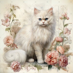 Shabby Chic Cat With Flowers Clipart Bundle- 10 High Quality Watercolor ...