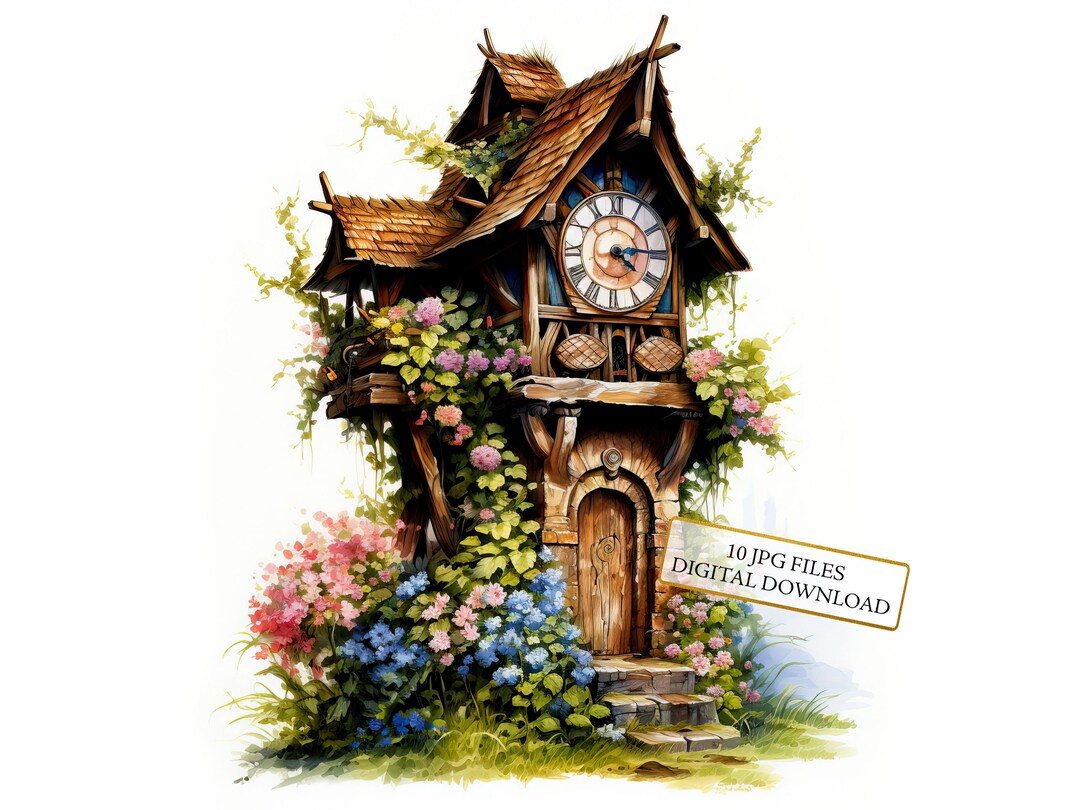 Overgrown Floral Cuckoo Clock Clipart Bundle 10 High Quality Watercolor ...