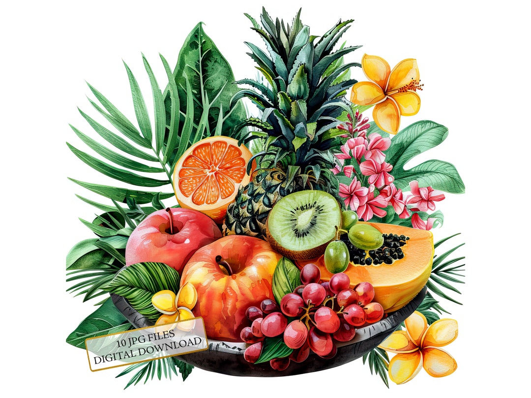 Bowl of Tropical Fruits Clipart Bundle- 10 High Quality Watercolor Jpgs ...