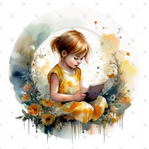Reading Girl in Floral Circle Clipart Bundle 10 High Quality Watercolor ...