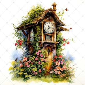 Overgrown Floral Cuckoo Clock Clipart Bundle 10 High Quality Watercolor ...