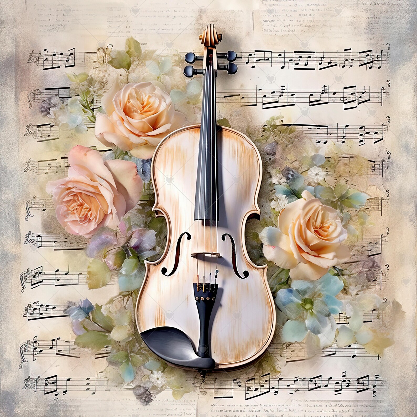 Shabby Chic Floral Violin on Music Sheet JPG Clipart Bundle- Digital ...