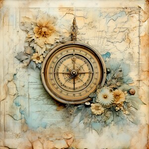 Shabby Chic Floral Compass With Map Clipart Bundle- 10 High Quality ...