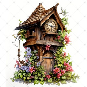 Overgrown Floral Cuckoo Clock Clipart Bundle 10 High Quality Watercolor ...