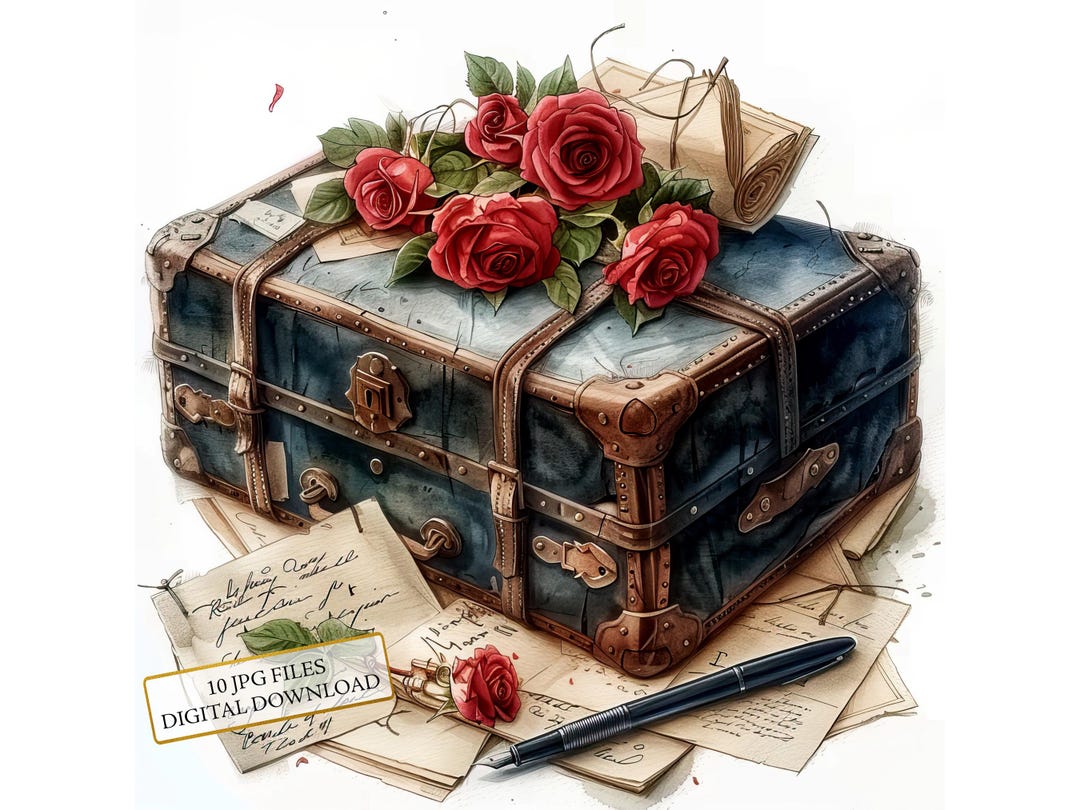 Vintage Suitcase With Red Roses, Letters and Pen Clipart Bundle- 10 ...