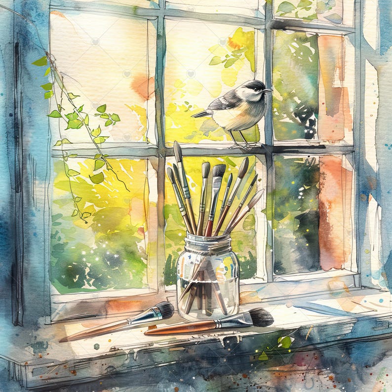 Little Bird at a Jar of Brushes by the Window JPG Clipart Bundle ...