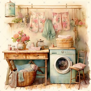 Retro Laundry Room Clipart Bundle- 10 High Quality Watercolor Jpgs ...