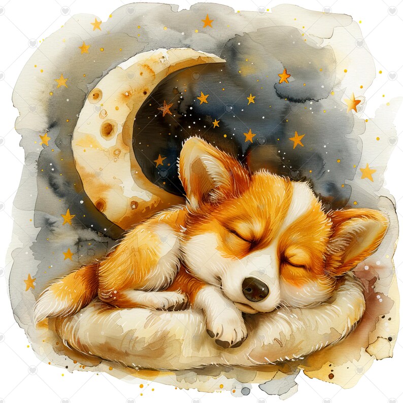 Little Corgi Sleeping by the Crescent Moon PNG Clipart Bundle- Digital ...