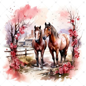 Horses in Love by a Floral Fence Clipart Bundle 10 High Quality ...