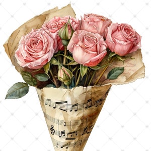 Pink Rose Bouquet in Music Notes Clipart Bundle 10 High Quality ...