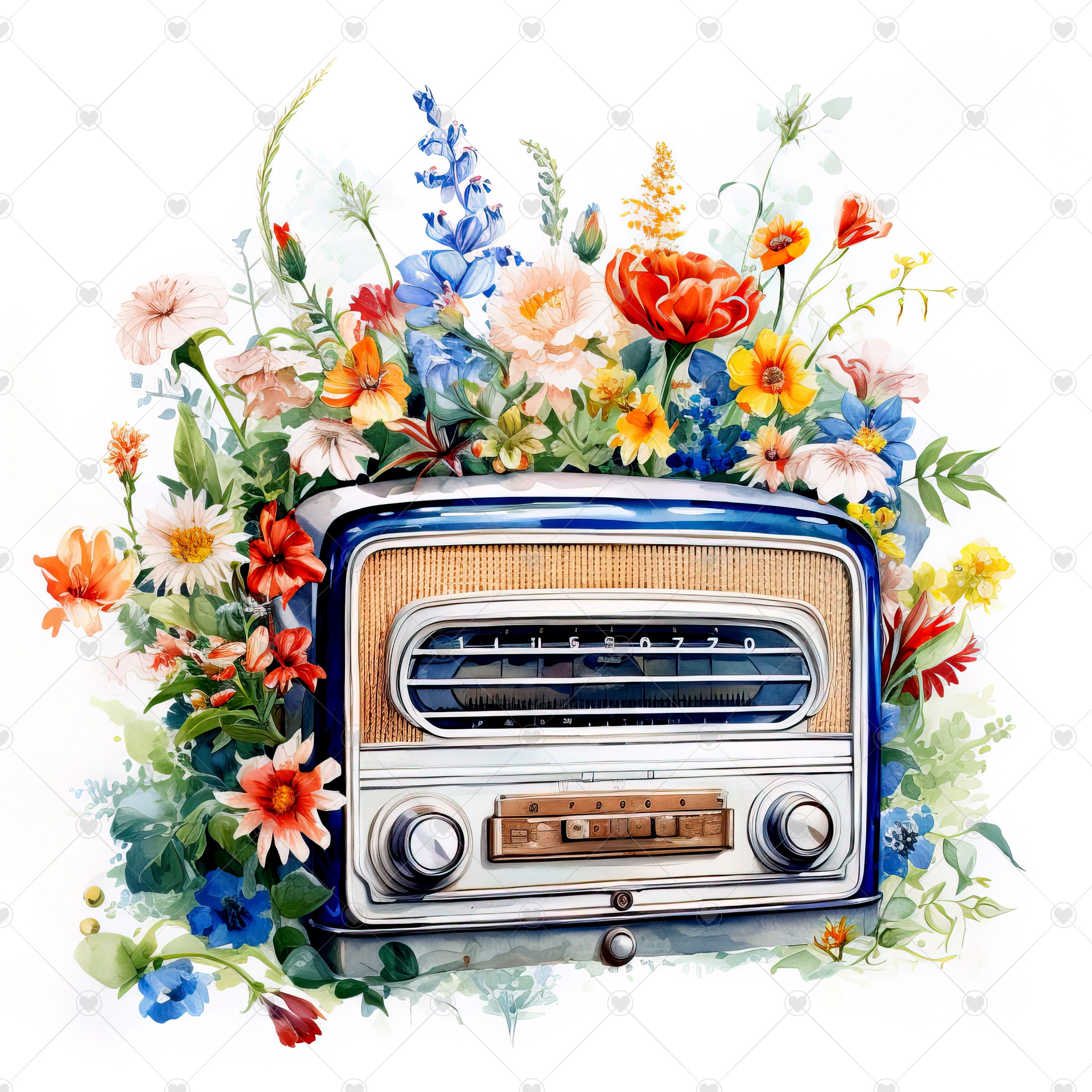 Retro Radio With Flowers Clipart Bundle 10 High Quality - Etsy