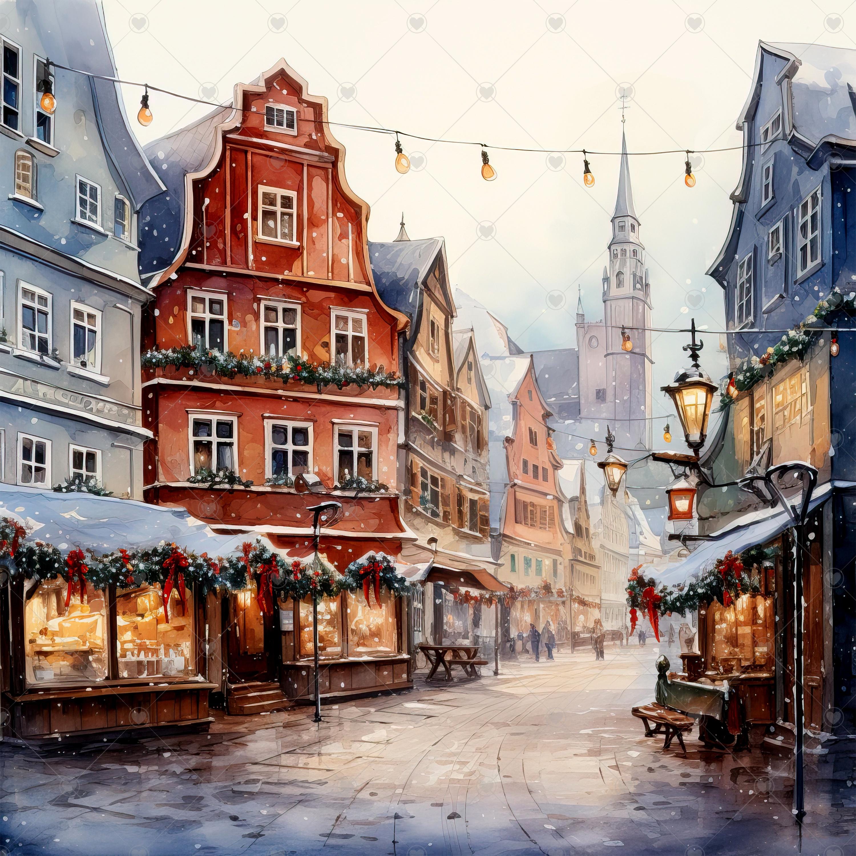 Winter Festive Village Square Scenery JPG Clipart Bundle- Digital ...