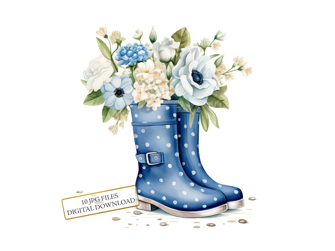 Blue Polka Dot Rain Boots With Flowers Clipart Bundle- 10 High Quality ...