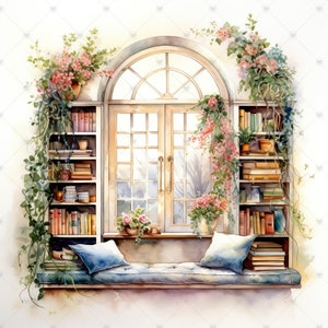 Cozy Window Nook With Books and Plants Clipart Bundle- 10 High Quality ...