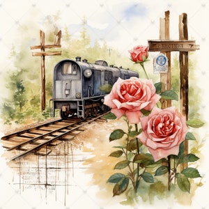 Vintage Train With Pink Roses Clipart Bundle- 10 High Quality ...