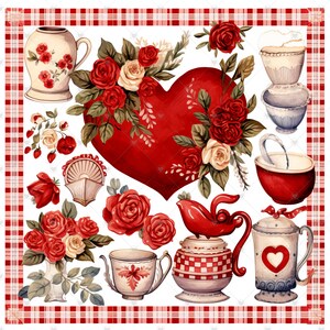 Red Vintage Tablecloth Clipart Bundle- 10 High Quality Watercolor Jpgs ...