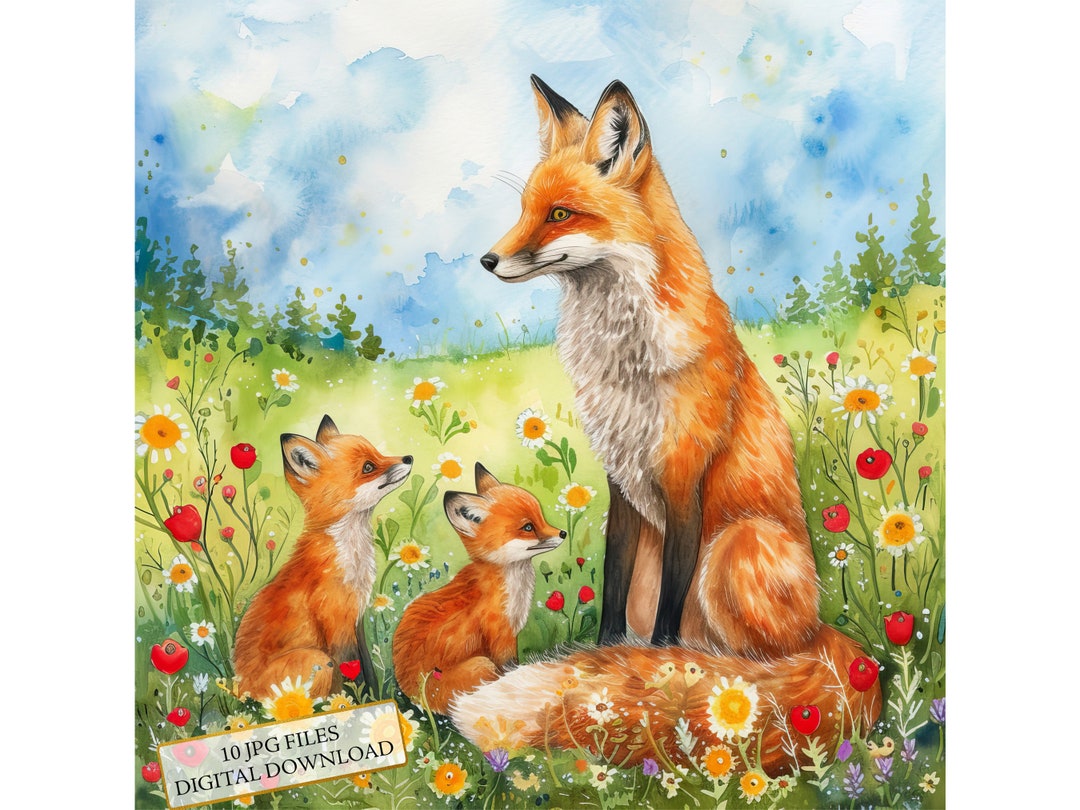 Fox Family in Wildflower Meadow Clipart Bundle 10 High Quality ...