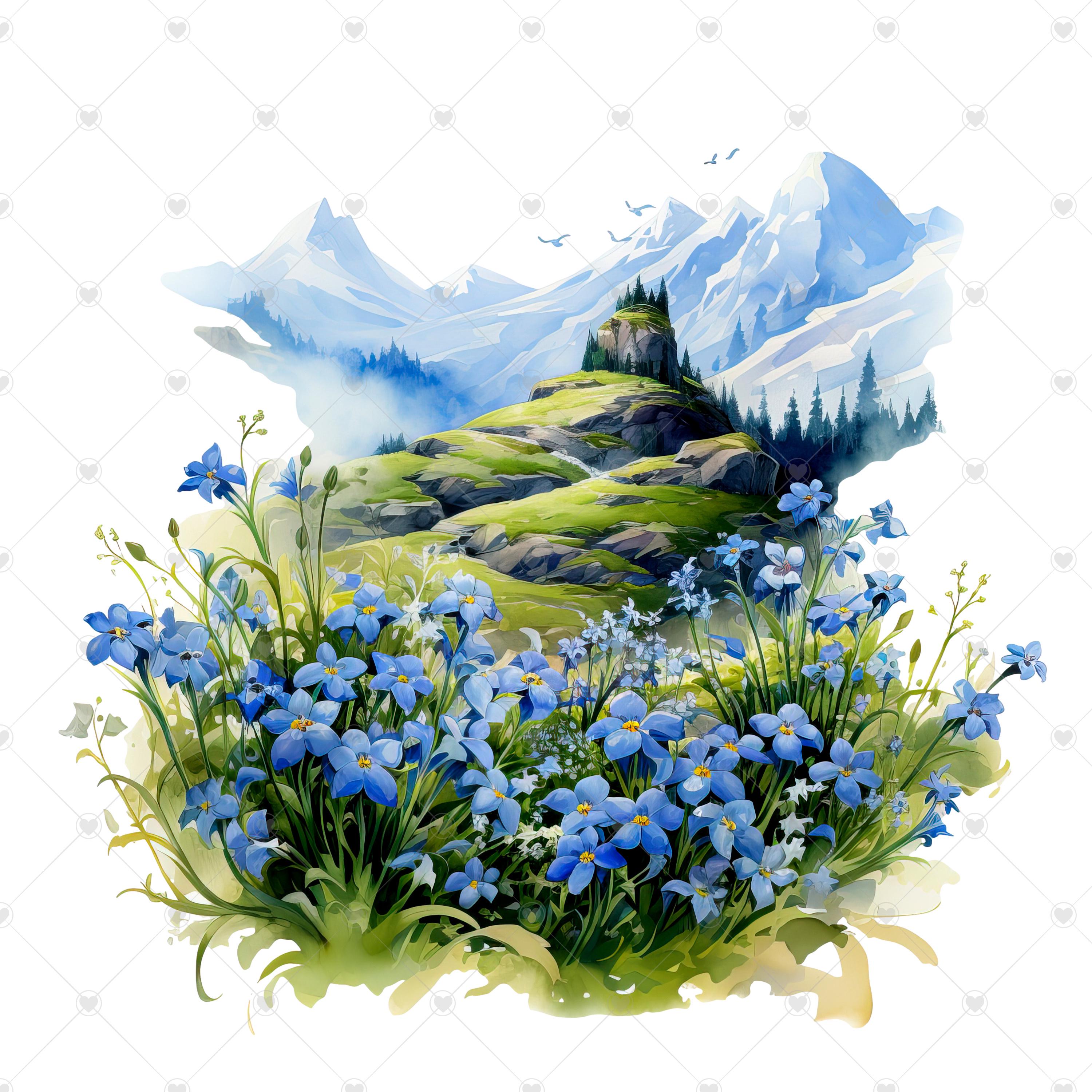 Mountain Hills With Forget Me Not Flowers PNG Clipart Bundle- Digital ...