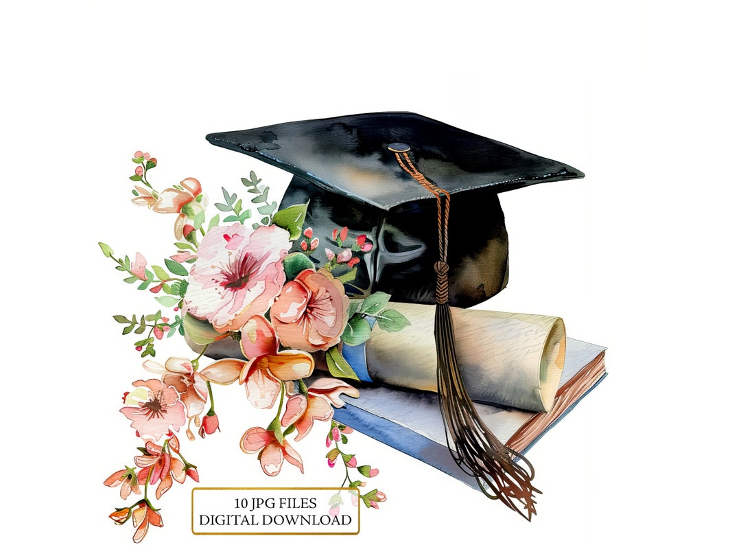 Floral Graduation Cap With Diploma Clipart Bundle- 10 High Quality ...