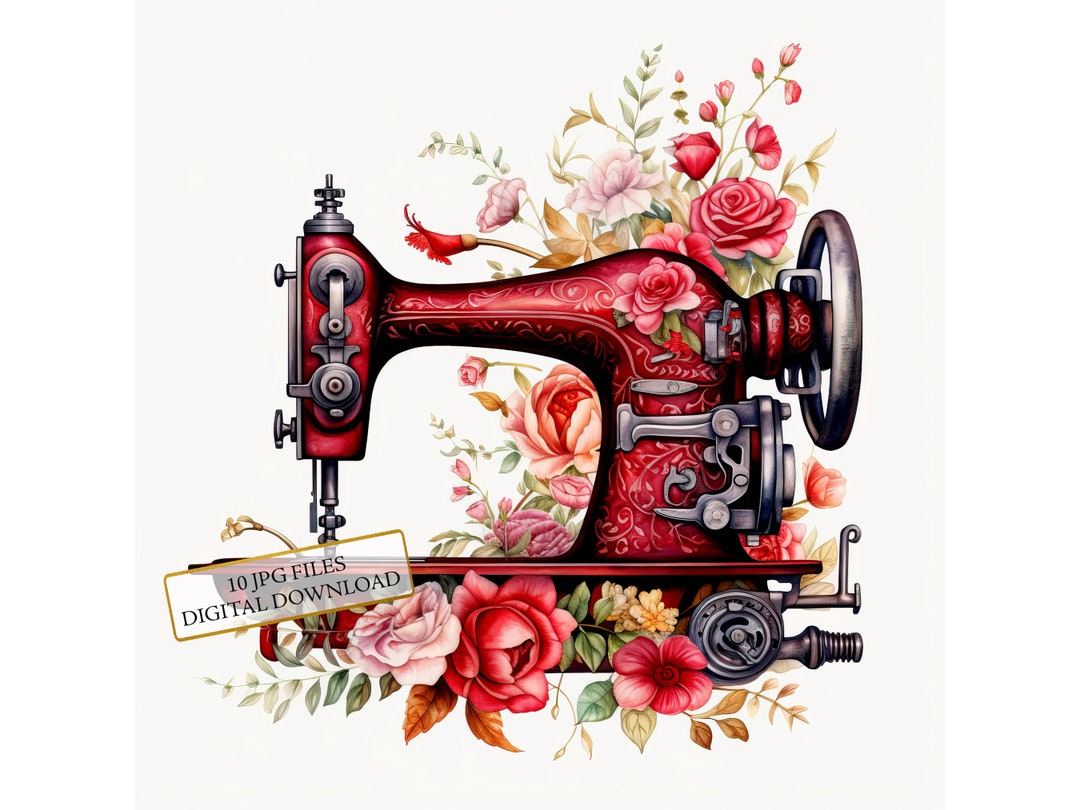 Antique Red Floral Sewing Machine Clipart Bundle- 10 High Quality ...