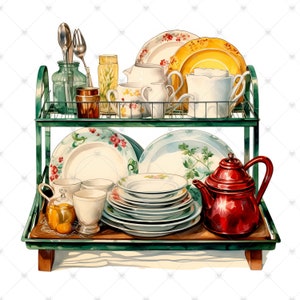Retro Dish Drying Rack Clipart Bundle 10 High Quality Watercolor Jpgs ...