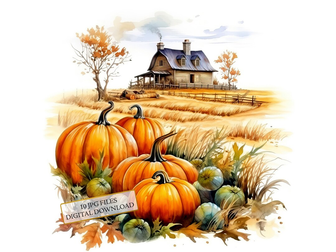 Pumpkin Field With a Vintage House Clipart Bundle-10 High Quality ...