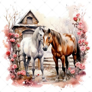 Horses in Love by a Floral Fence Clipart Bundle- 10 High Quality ...