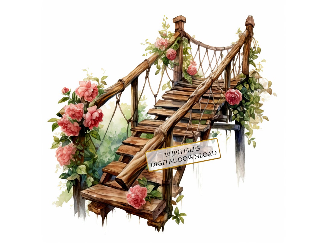 Old Wooden Bridge Overgrown With Roses Clipart Bundle- 10 High Quality ...