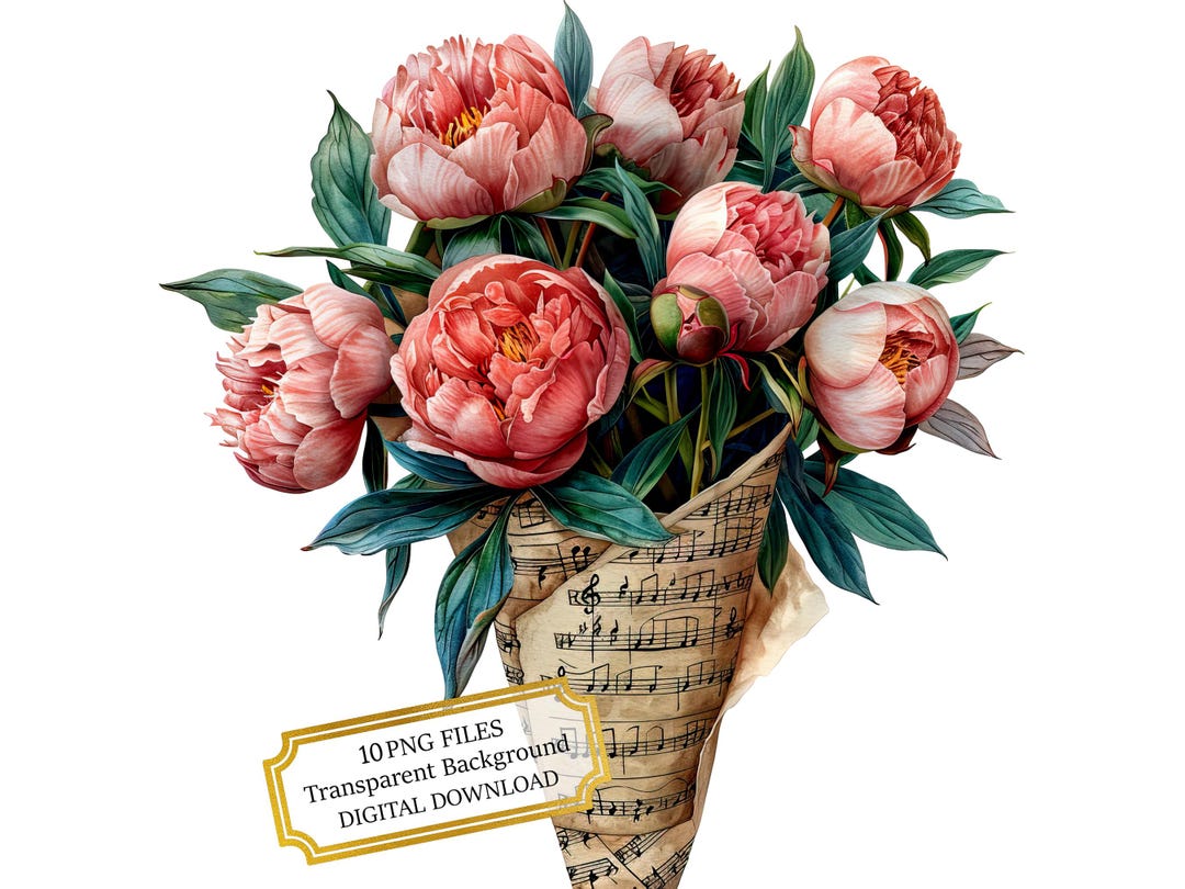 Peony Bouquet in Music Notes PNG Clipart Bundle- Digital Download - Etsy