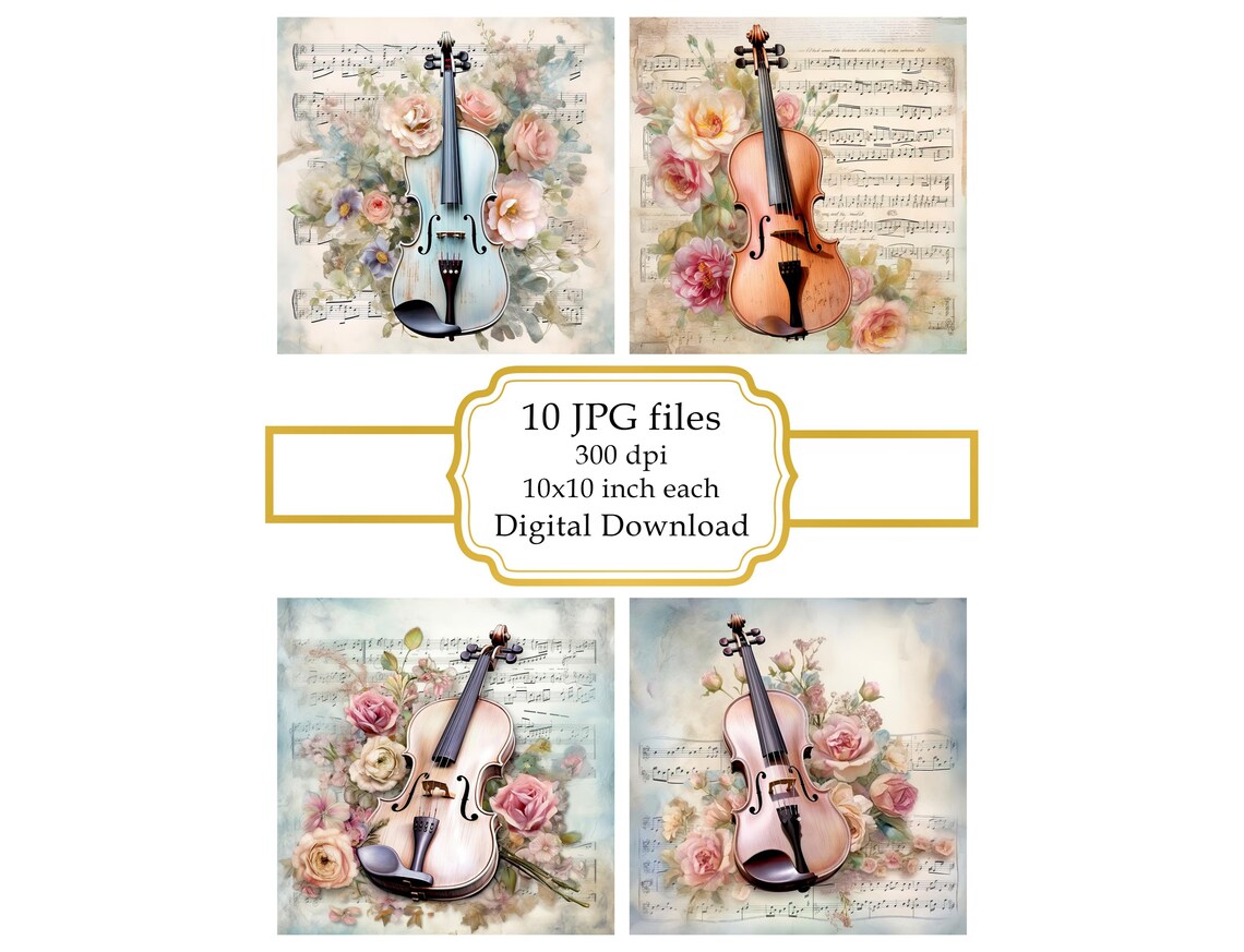 Shabby Chic Floral Violin on Music Sheet JPG Clipart Bundle- Digital ...