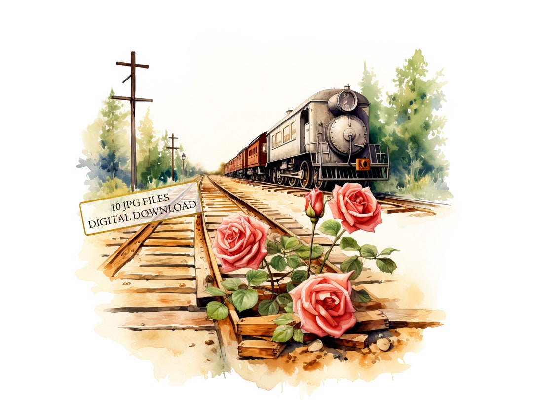 Vintage Train With Pink Roses Clipart Bundle- 10 High Quality ...
