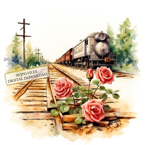 Vintage Train With Pink Roses Clipart Bundle- 10 High Quality ...
