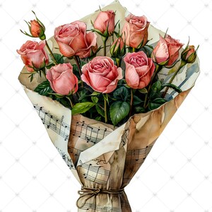 Pink Rose Bouquet in Music Notes Clipart Bundle- 10 High Quality ...