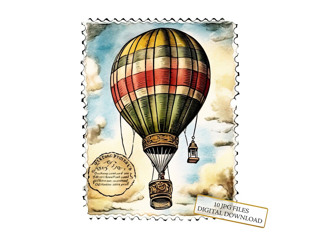 Vintage Hot Air Balloon Postage Stamps Clipart Bundle- 10 High Quality ...