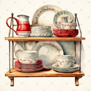 Retro Red Dish Drying Rack Clipart Bundle- 10 High Quality Watercolor ...