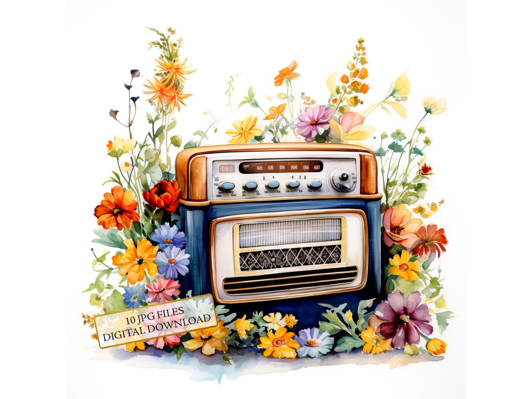 Retro Radio With Flowers Clipart Bundle- 10 High Quality Watercolor ...
