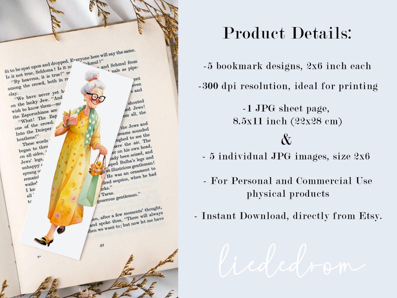 Stylish Granny Shopping JPG Printable Bookmark Sheet Set- Digital ...