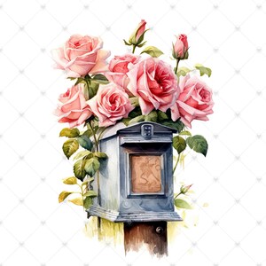 Mailbox With Pink Roses Clipart Bundle- 10 High Quality Watercolor Jpgs ...