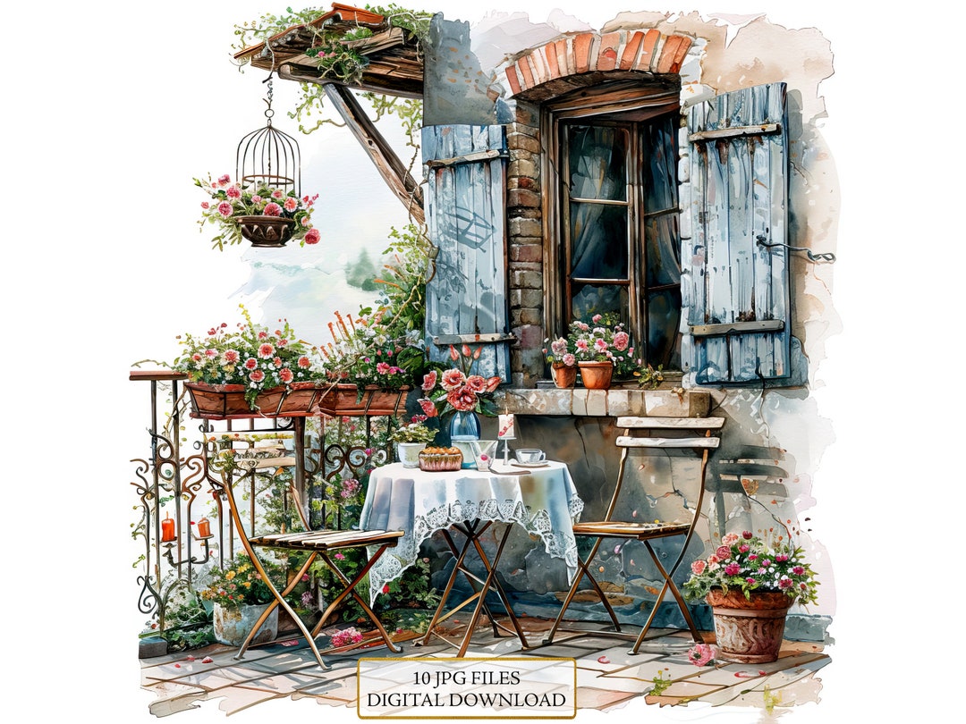 Old Cozy Italian Balcony With Table and Chairs Clipart Bundle- 10 High ...
