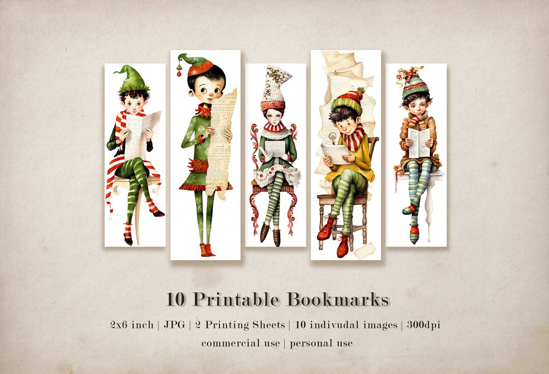 10 Christmas Elf Reading a Letter Printable Bookmark Sheets, 10 JPG ...