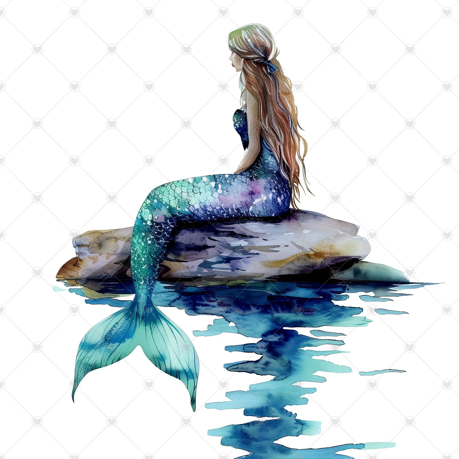 Mermaid Sitting on a Rock by the Ocean PNG Clipart Bundle- Digital ...