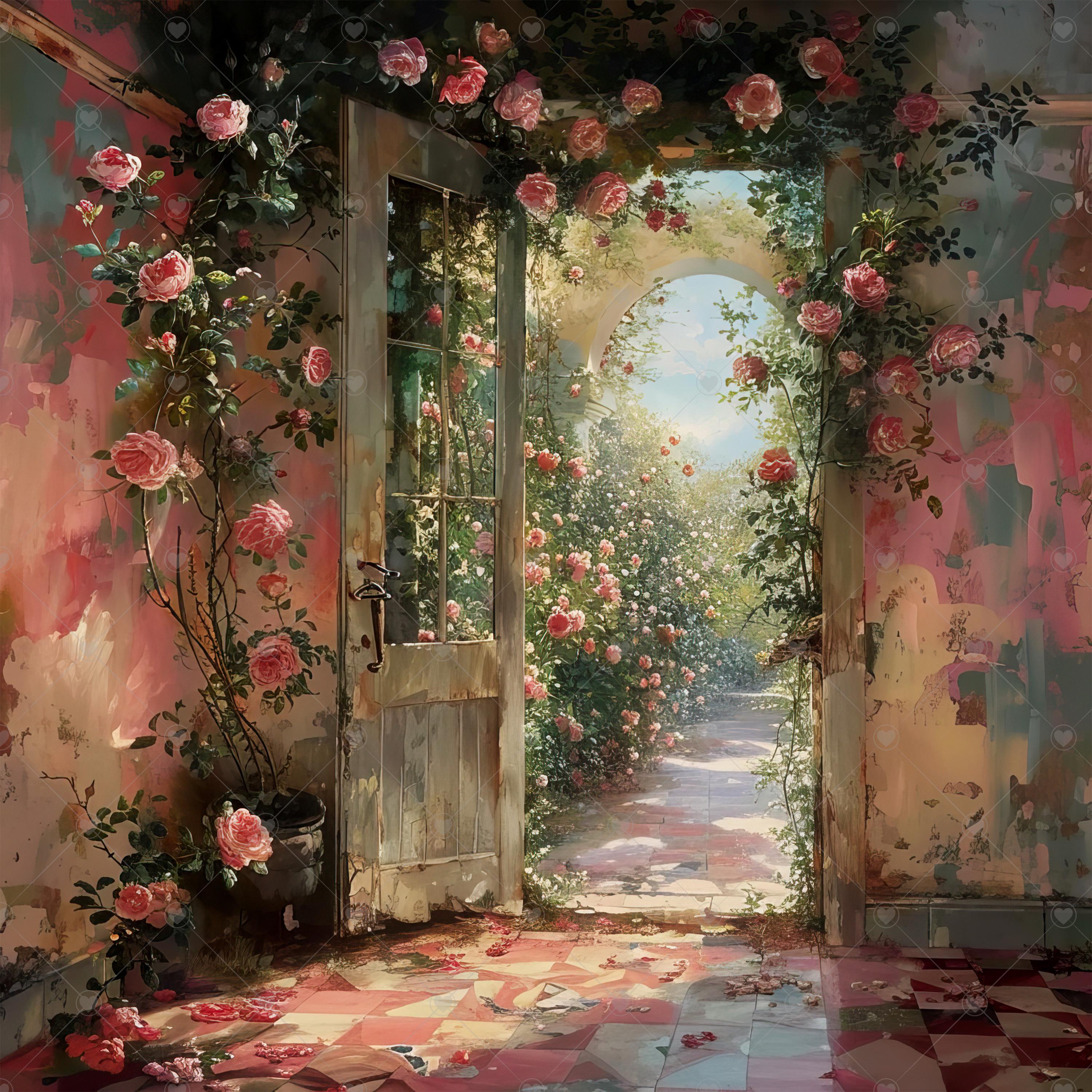 Door Overgrown With Pink Roses Leading to Garden JPG Clipart Bundle ...
